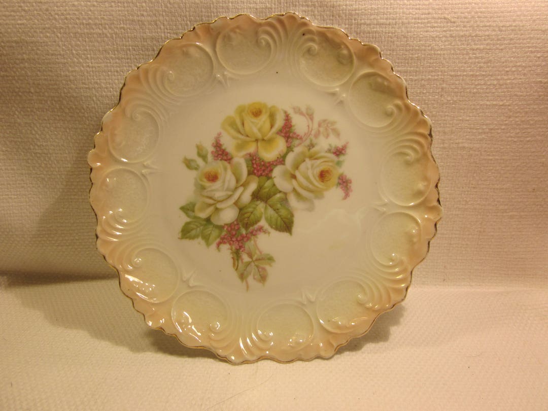 Handpainted Vintage German China Plate White Roses Scalloping Embossing ...