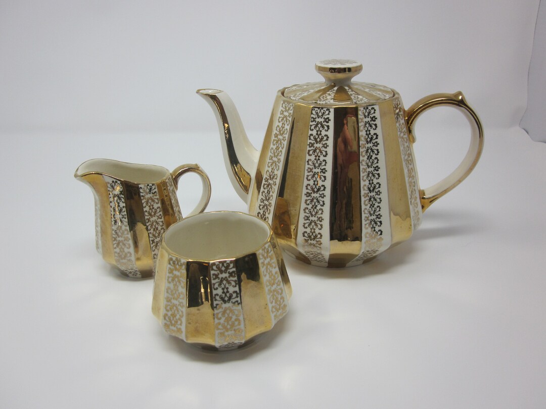Sadler Tea Set Gold and White Sadler Teapot, Creamer, Open Sugar Bowl ...
