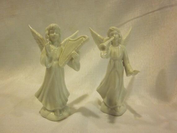 Enesco ceramic angel figurines pair of Enesco angels Christmas | Etsy