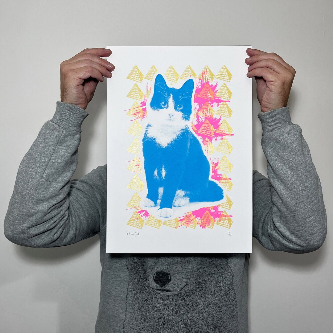 Cat Pyramids Screen Printed Poster Gold Blue and Neon Pink Ink - Etsy