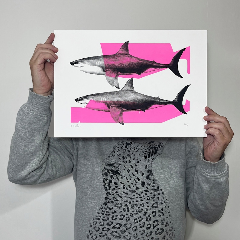 Screen Printed Shark Poster - Neon Wall Art - 'shark Tank (neon Pink ...