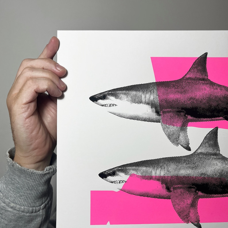 Screen Printed Shark Poster - Neon Wall Art - 'shark Tank (neon Pink ...