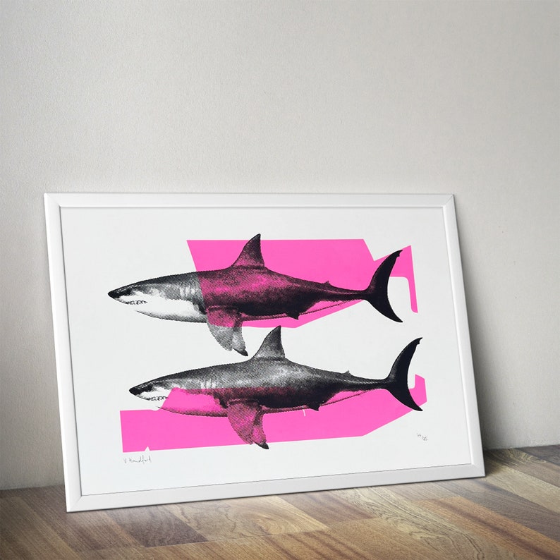 Screen Printed Shark Poster - Neon Wall Art - 'shark Tank (neon Pink ...