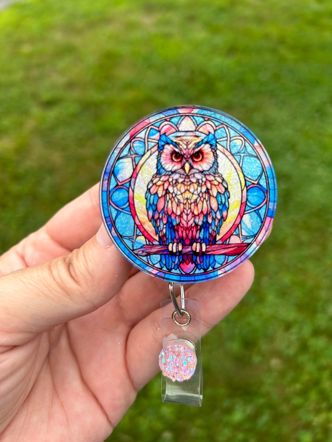 Stained Glass Owl Badge Reel, ID Holder, Badge Holder, Retractable Reel ...