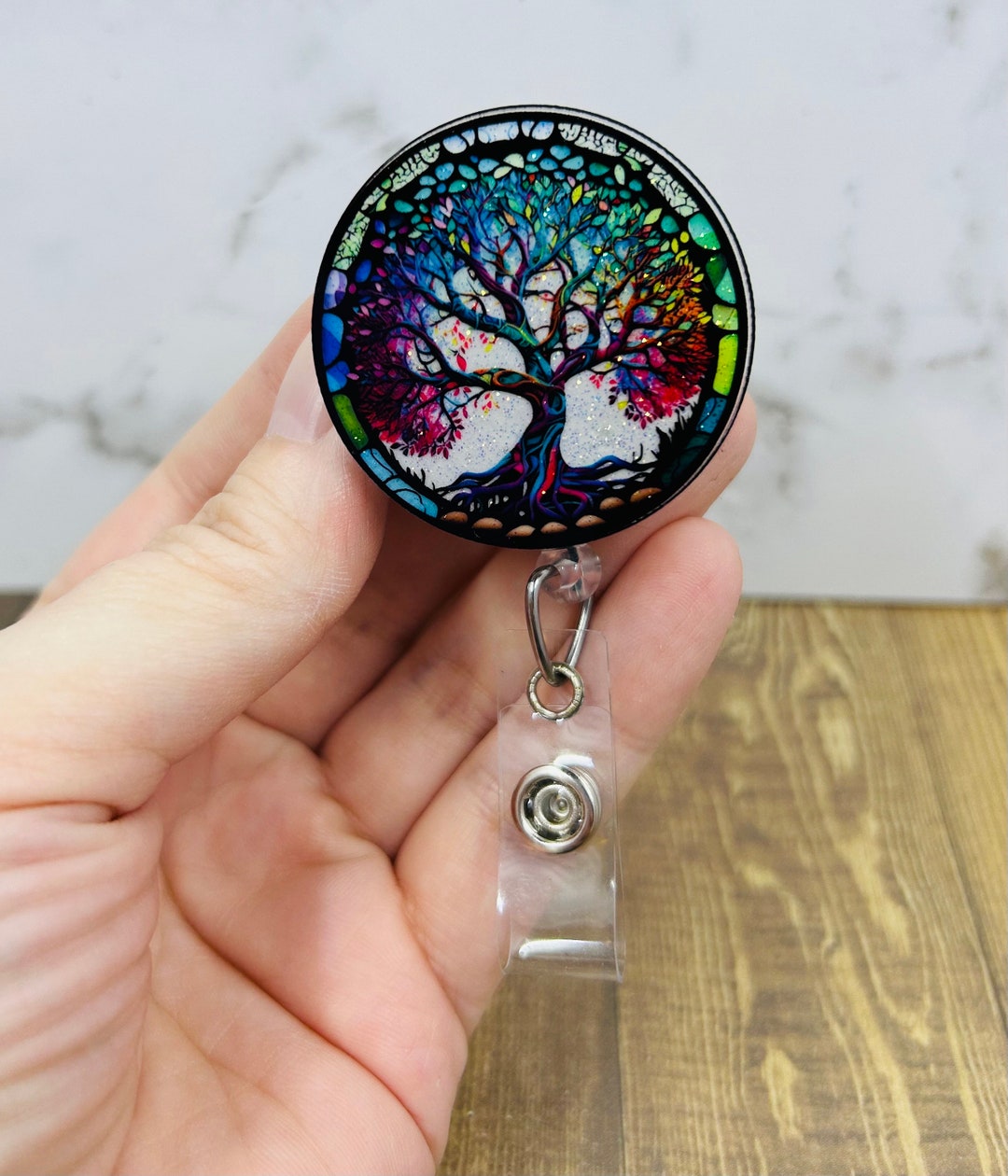 Stained Glass Tree of Life Badge Reel, Glitter ID Holder - Etsy