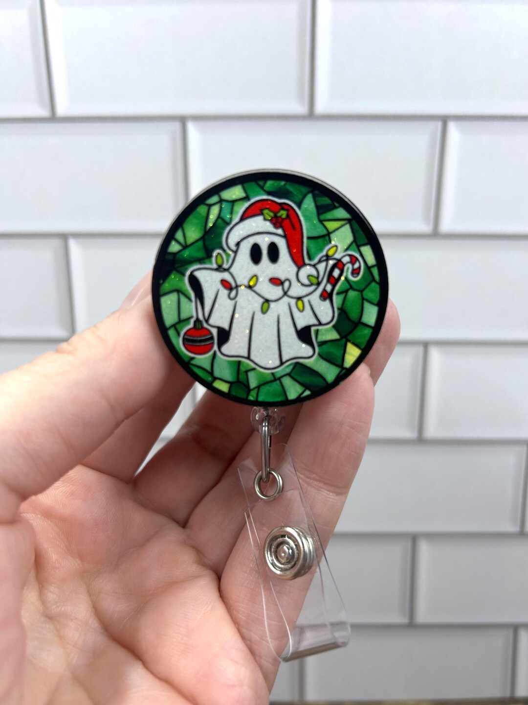 Stained Glass, Ghost Santa, Badge Reel, Christmas Badge Reel, ID Holder ...