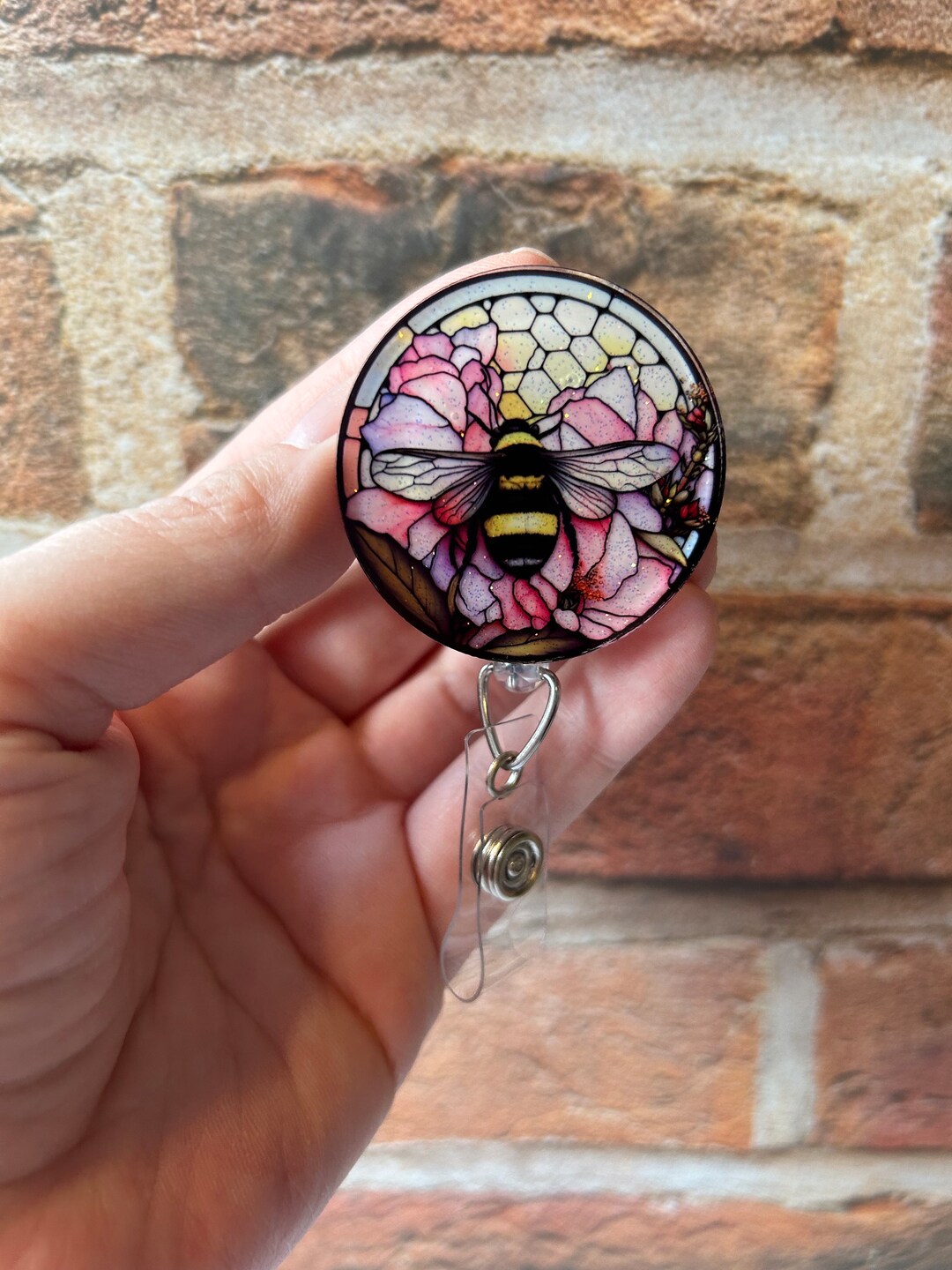 Stained Glass Bumblebee Badge Reel, Glitter Flower ID Holder - Etsy