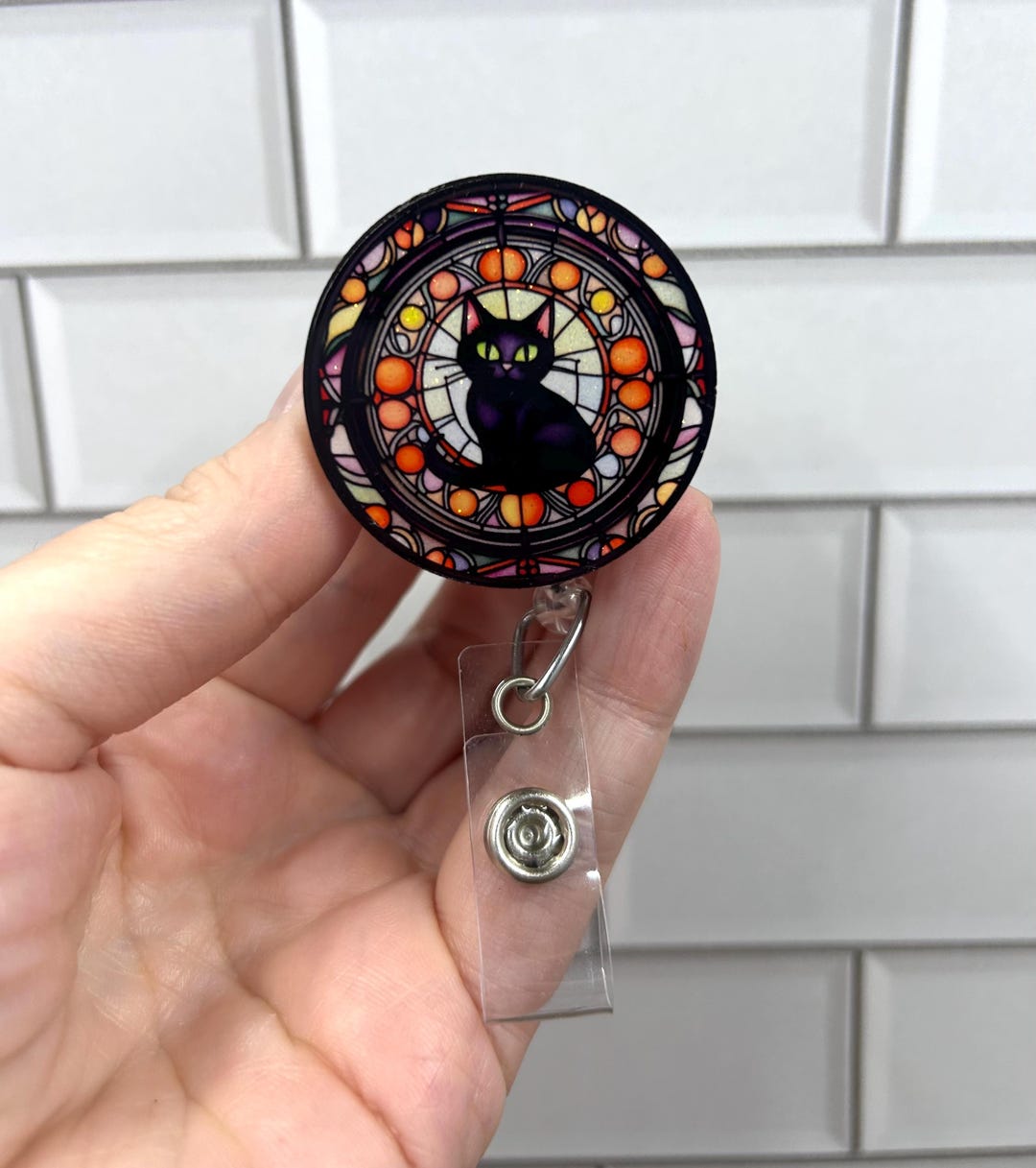 Stained Glass Black Cat Badge Reel, Halloween ID Holder - Etsy