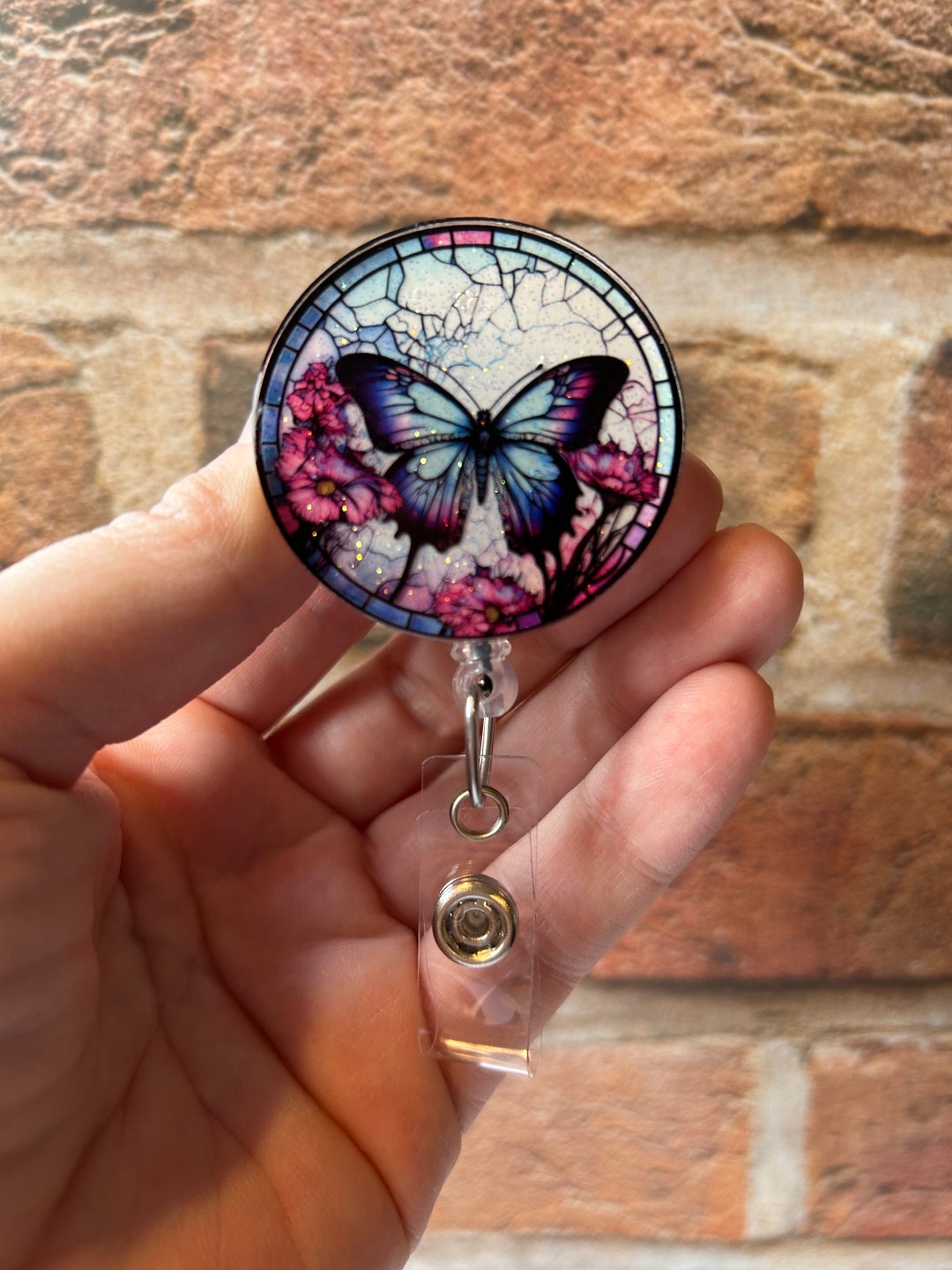 Stained Glass Butterfly Badge Reel, Glitter ID Holder, Interchangeable ...