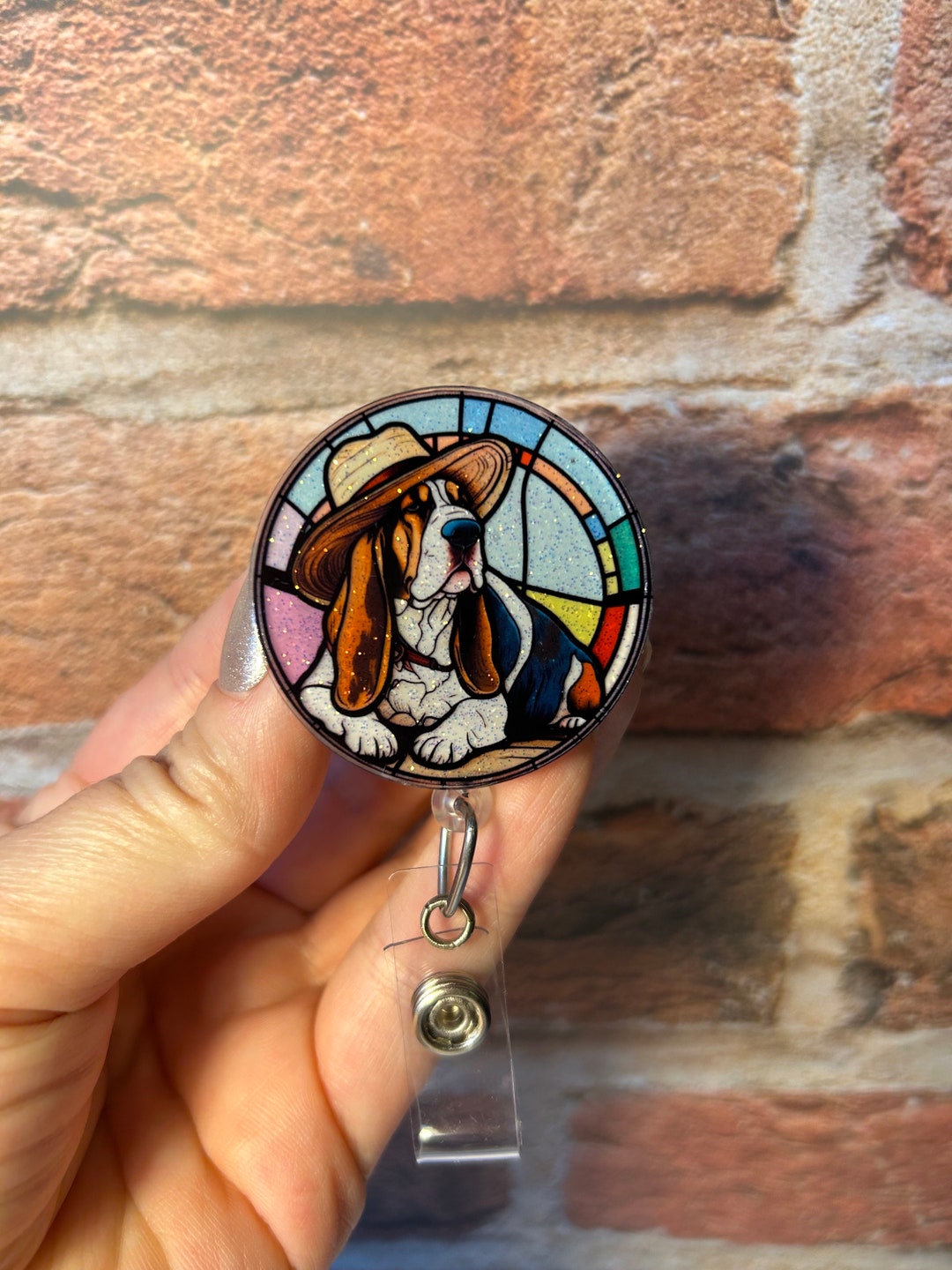 Stained Glass Bassett Hound Badge Reel, Glitter Dog ID Holder - Etsy