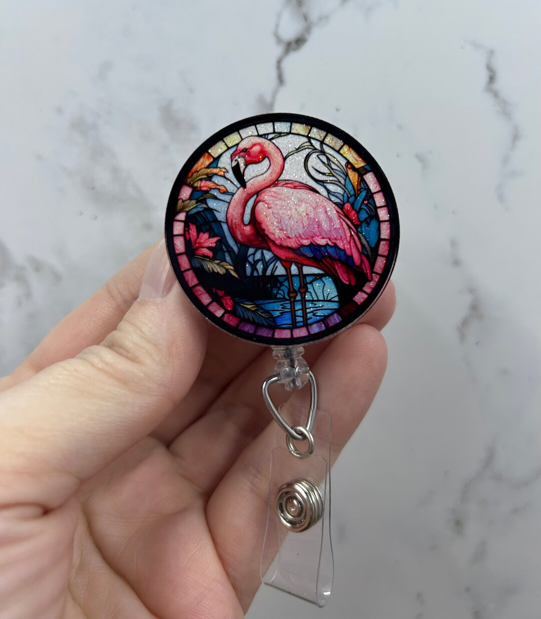 Stained Glass Flamingo Badge Reel, Glitter ID Holder - Etsy