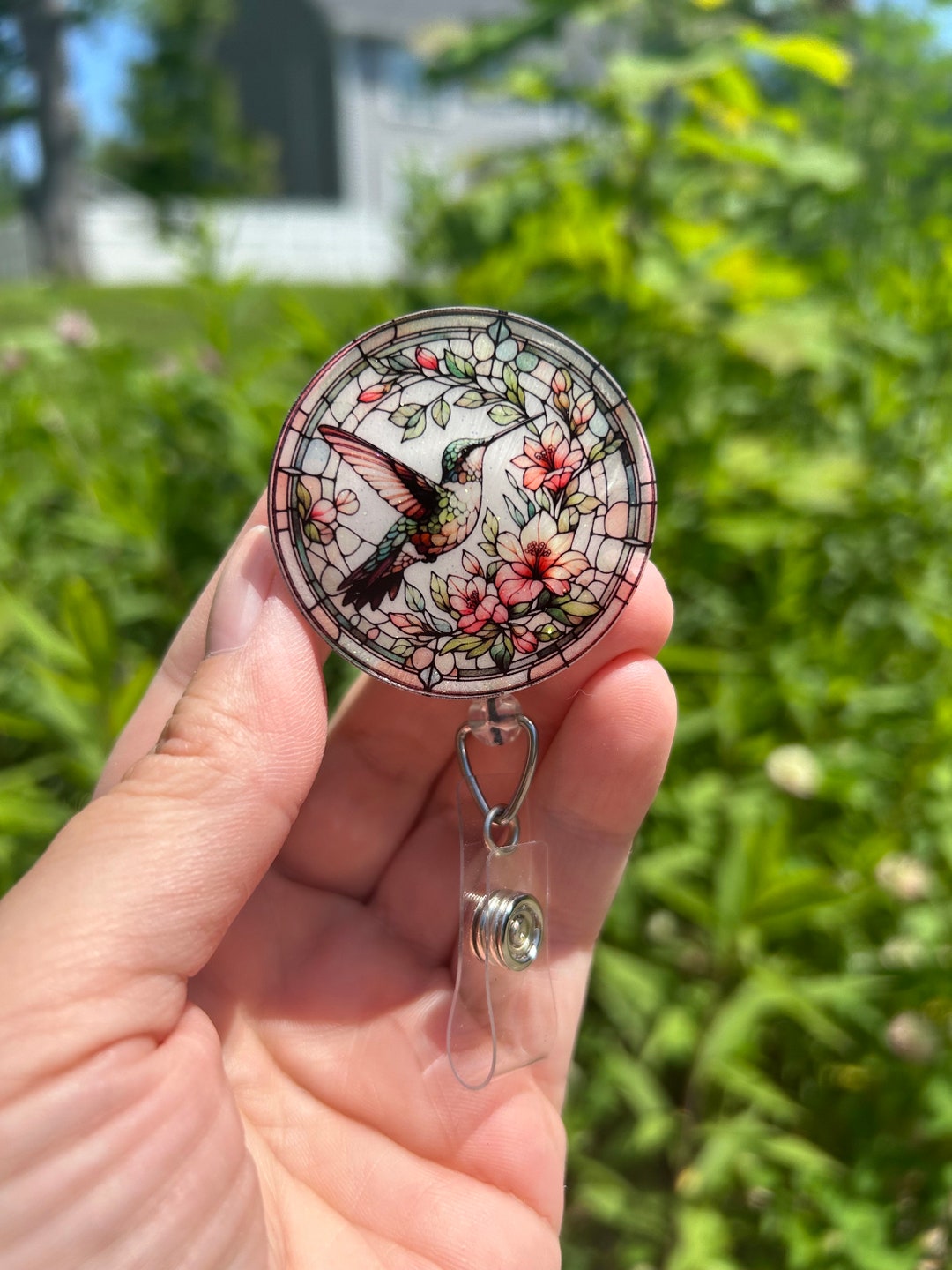 Stained Glass Hummingbird Badge Reel, Glitter ID Holder - Etsy