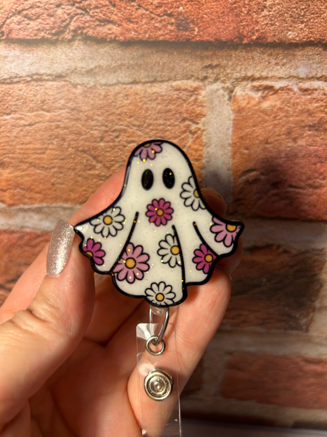 Floral Purple Ghost Badge Reel, Halloween, Halloween Badge Reel, Badge ...