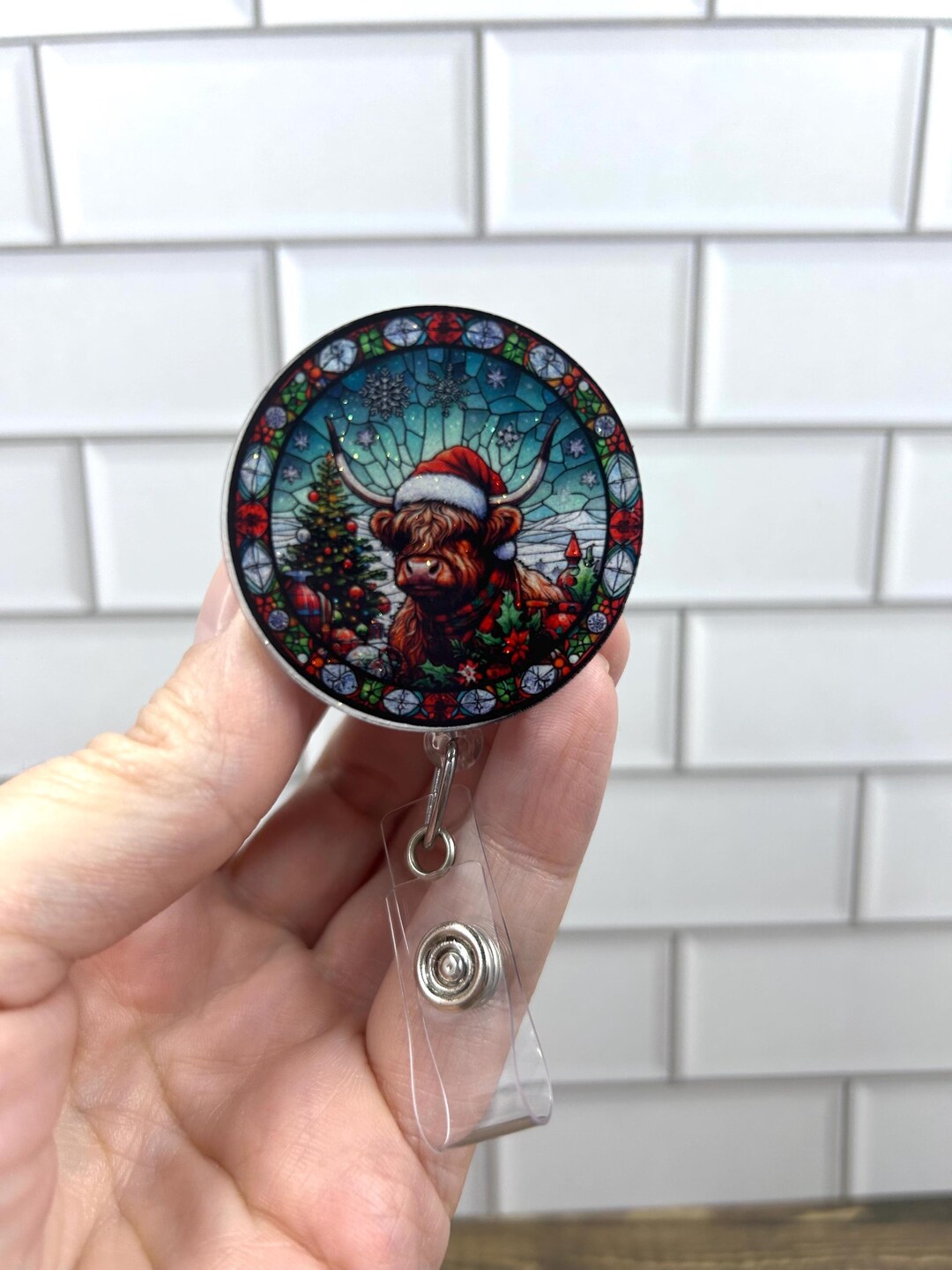 Stained Glass, Highland Cow, Badge Reel, Christmas Badge Reel, ID ...