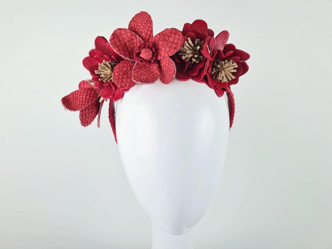 Red Fascinator, Red Crown, Red and Rose Gold Fascinator, Embellished ...