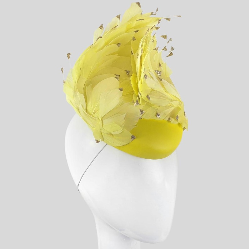 VALENTINA Yellow & Gold Italian Leather Cocktail Hat | Unique Feather ...