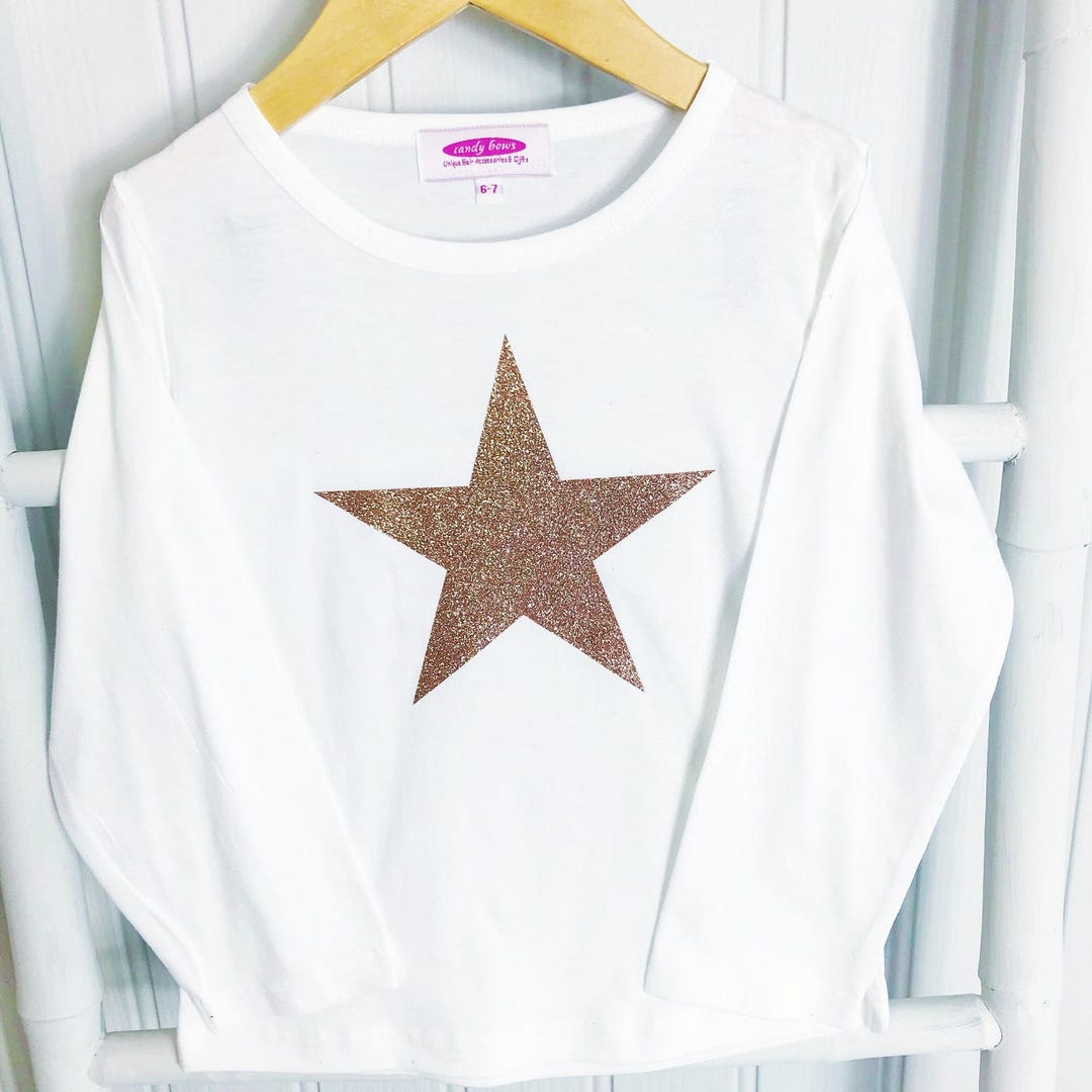 Girls T Shirt Rose Gold Glitter, Super Star, White T Shirt, Long/ Short Sleeve Also in Leopard ...