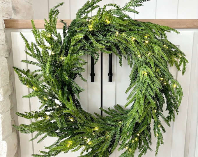 Pre-lit 24 Inch Norfolk Pine Wreath. Natural Touch. Holiday Wreath ...