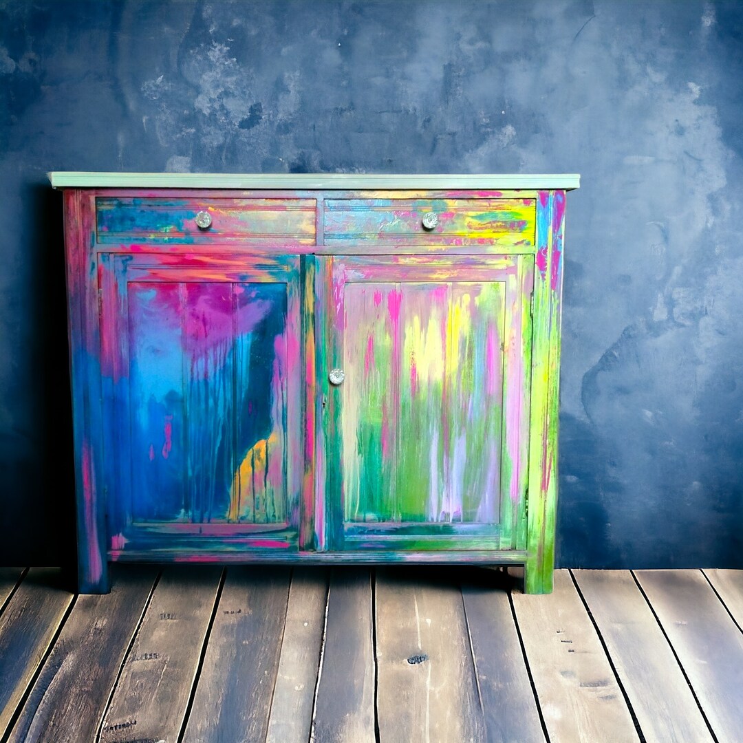Colourful Sideboard Console Table, Hand Painted Wood Cupboard 2 Doors ...