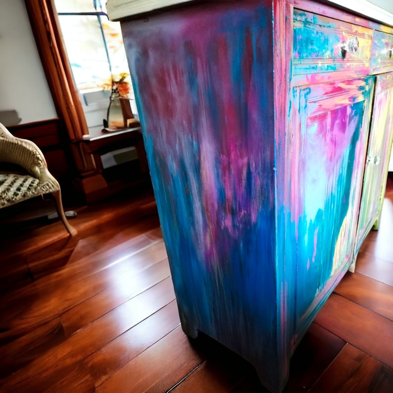 Colourful Sideboard Console Table, Hand Painted Wood Cupboard 2 Doors ...