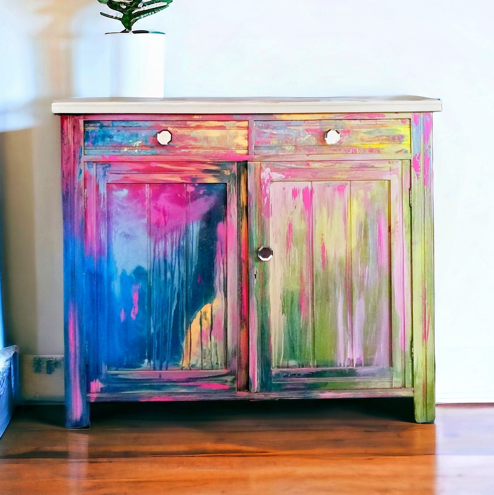 Colourful Sideboard Console Table, Hand Painted Wood Cupboard 2 Doors ...