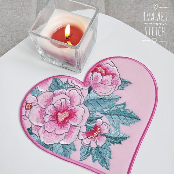 In-the-hoop Embroidery Design Mug Rug Coaster Floral Heart - Etsy