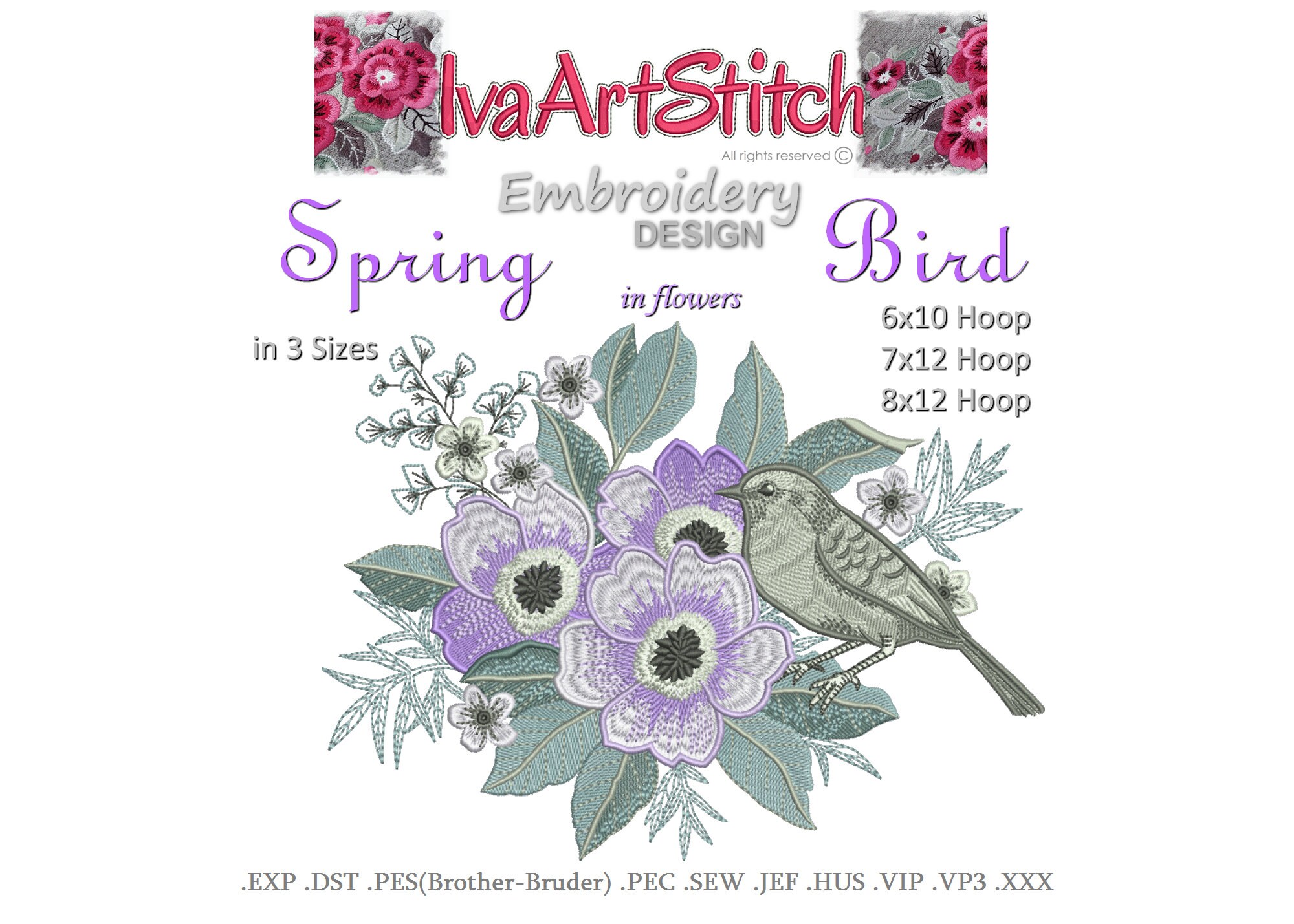 Machine Embroidery Design Spring Bird in Flowers Anemones | Etsy