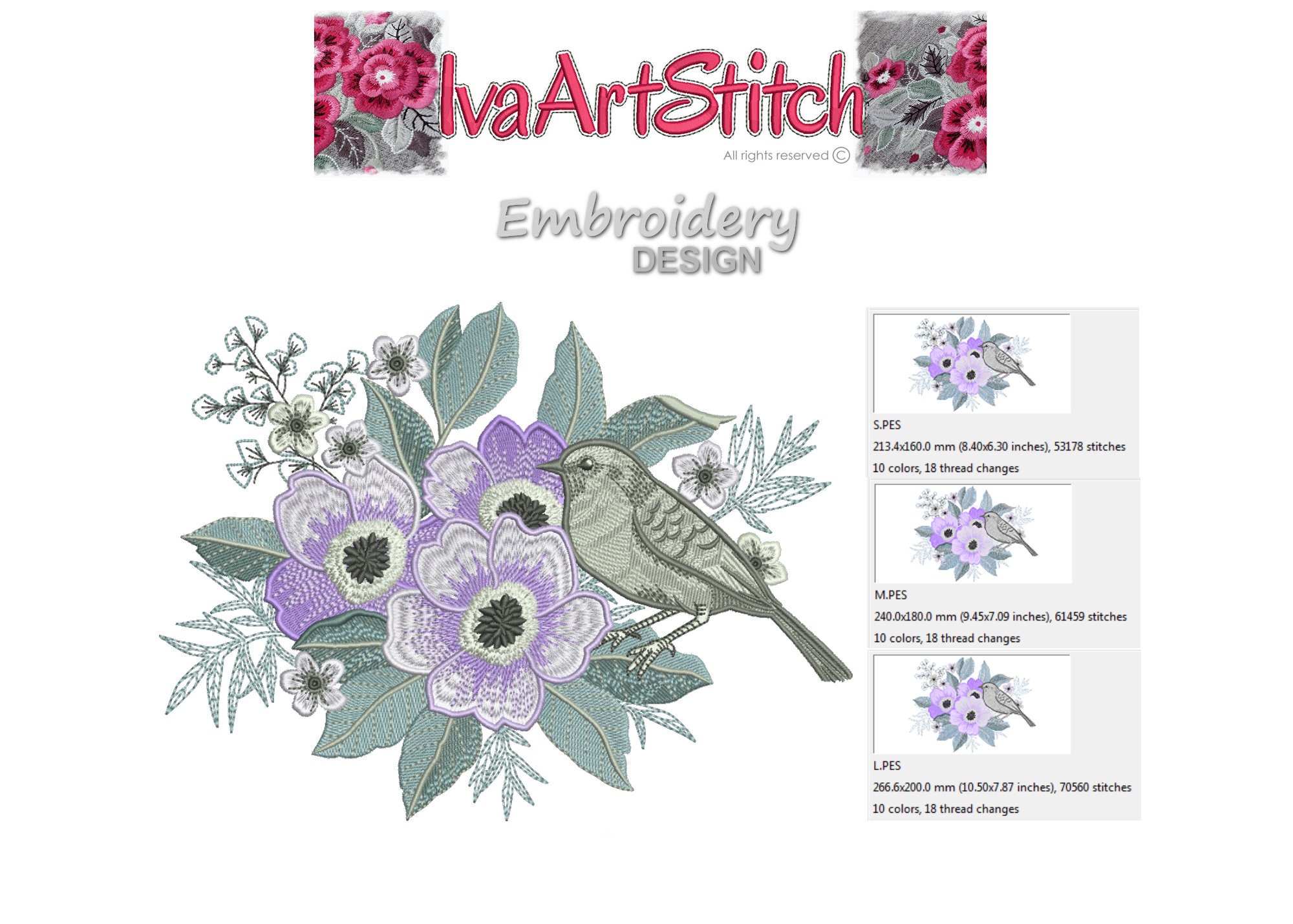Machine Embroidery Design Spring Bird in Flowers Anemones | Etsy