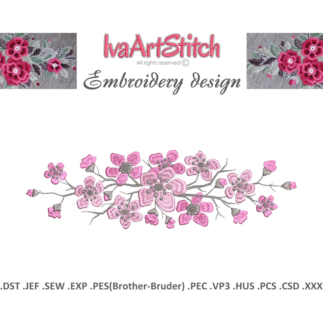 Machine Embroidery Design Sakura Pink Flowers Spring Tree Branch 3 ...