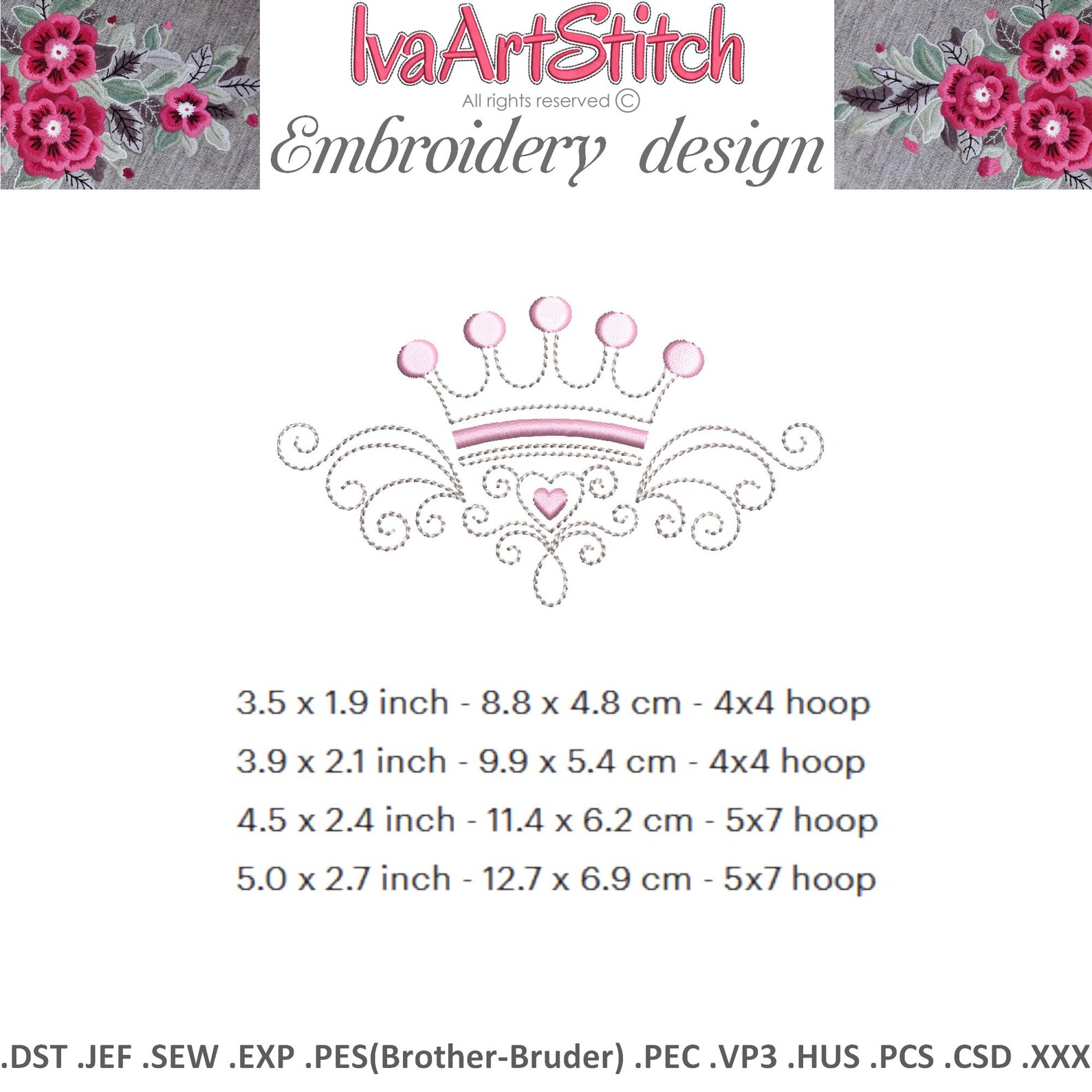Crown and Curls Embroidery Design: Gold/silver Outline (instant ...
