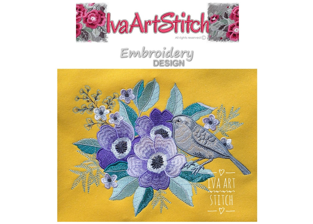 Machine Embroidery Design Spring Bird in Flowers Anemones Bouquet and ...