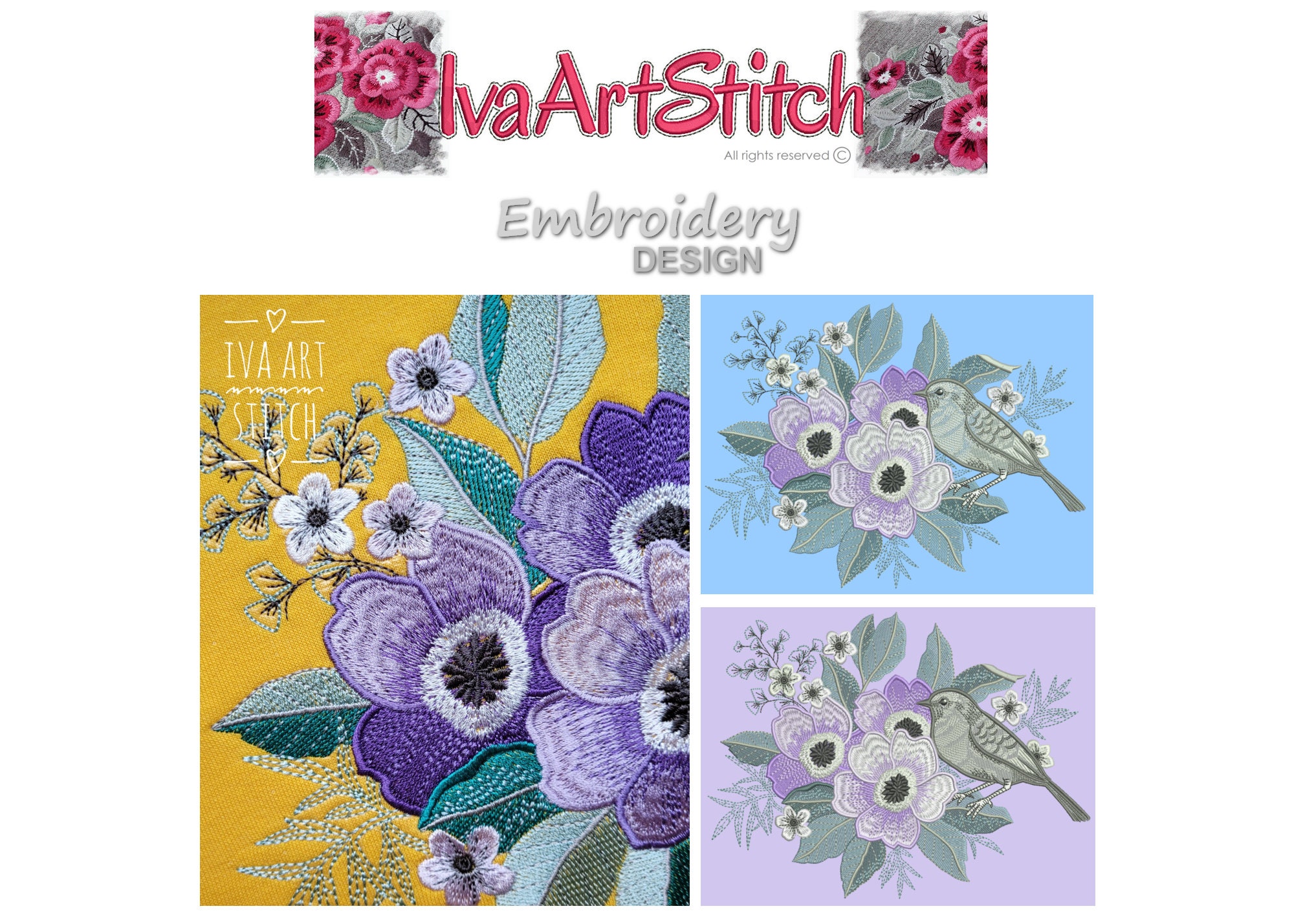 Machine Embroidery Design Spring Bird in Flowers Anemones | Etsy