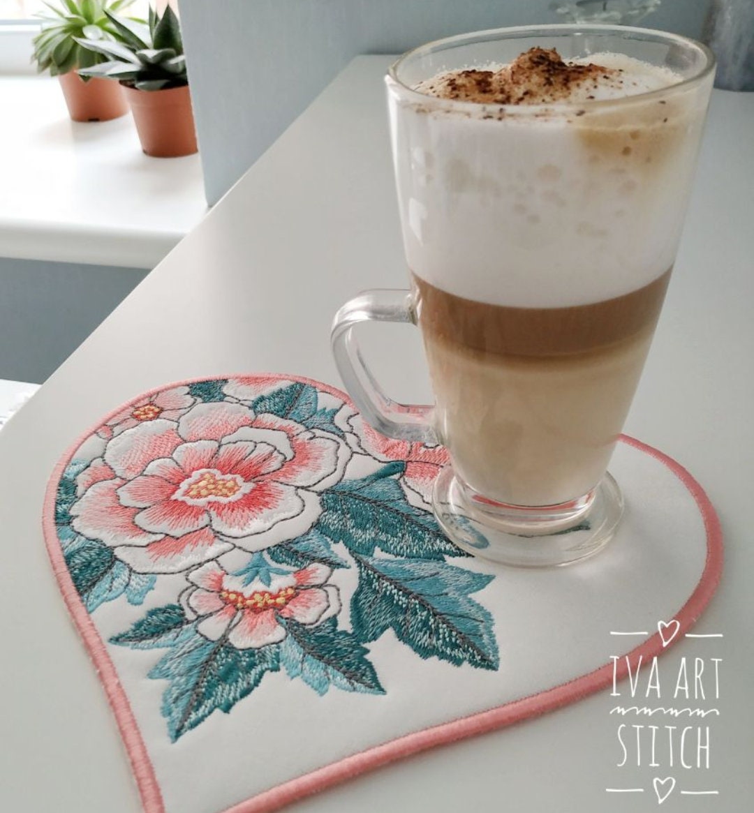 In-the-hoop Embroidery Design Mug Rug Coaster Floral Heart Pattern File ...