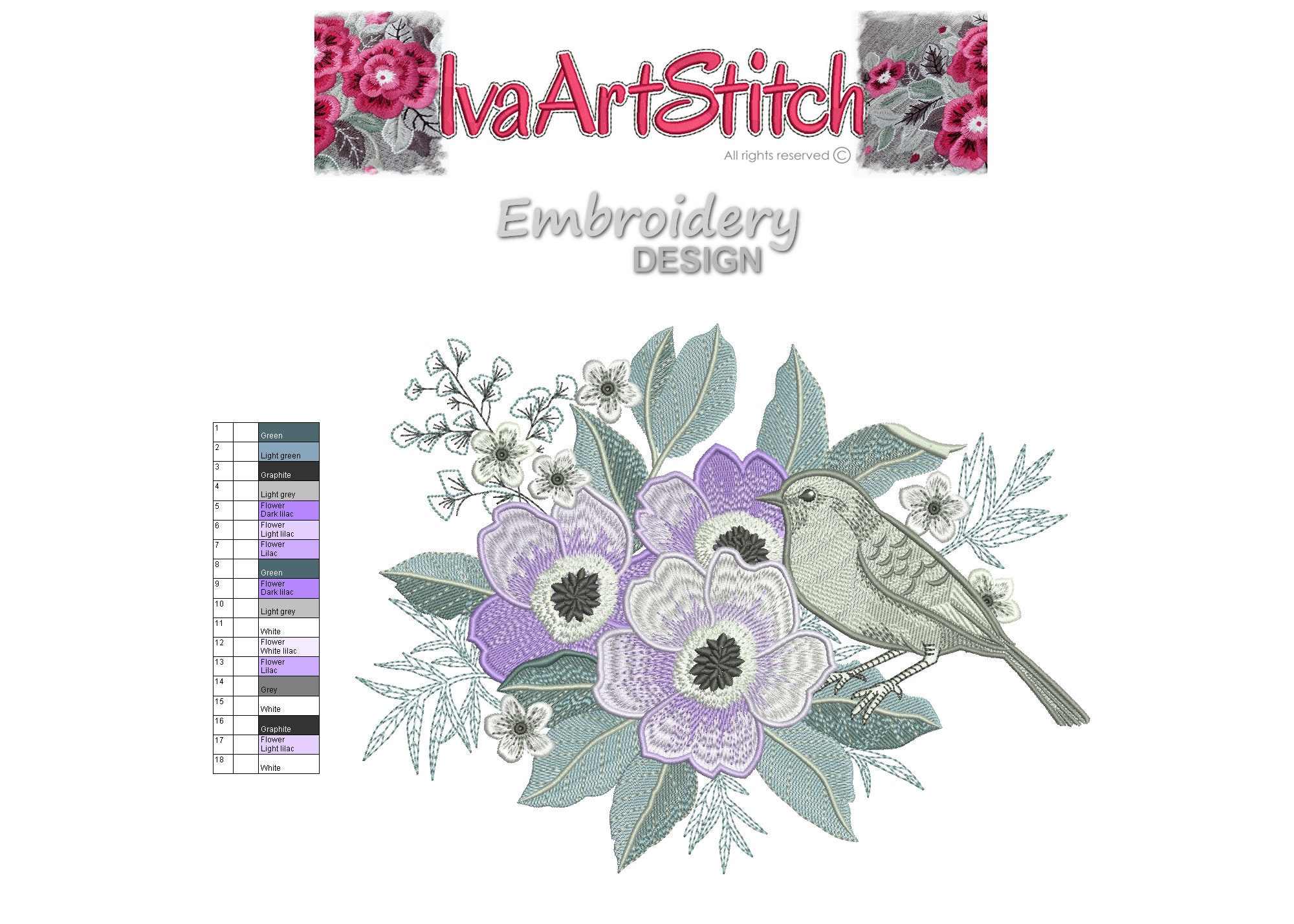 Machine Embroidery Design Spring Bird in Flowers Anemones | Etsy