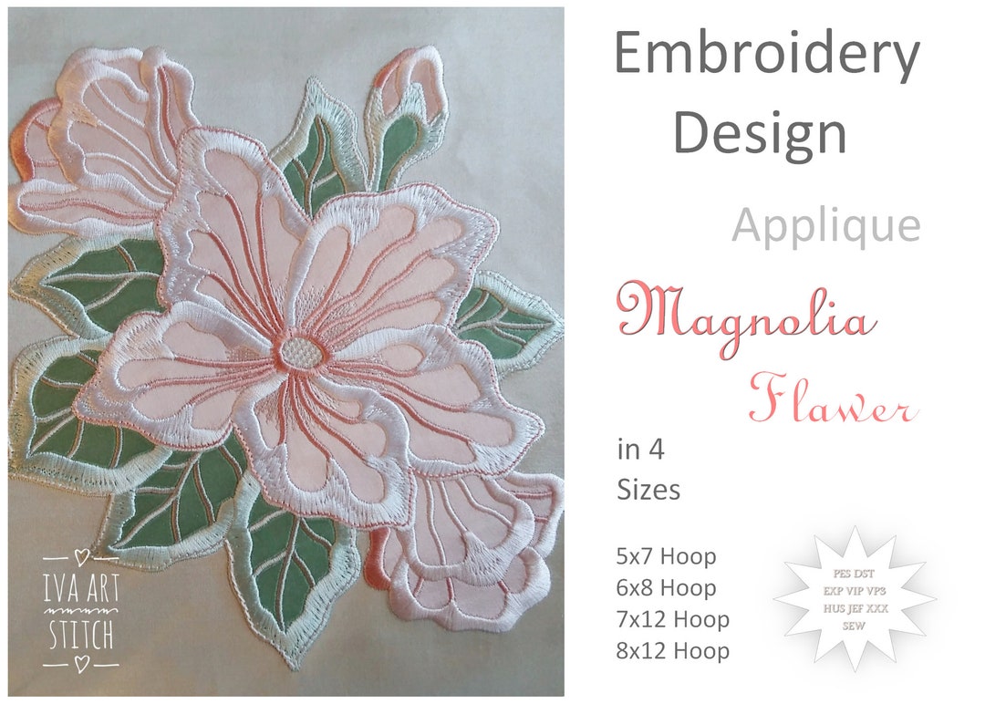 4 Sizes, Applique Machine Embroidery Design, Stylized Magnolia Flower ...