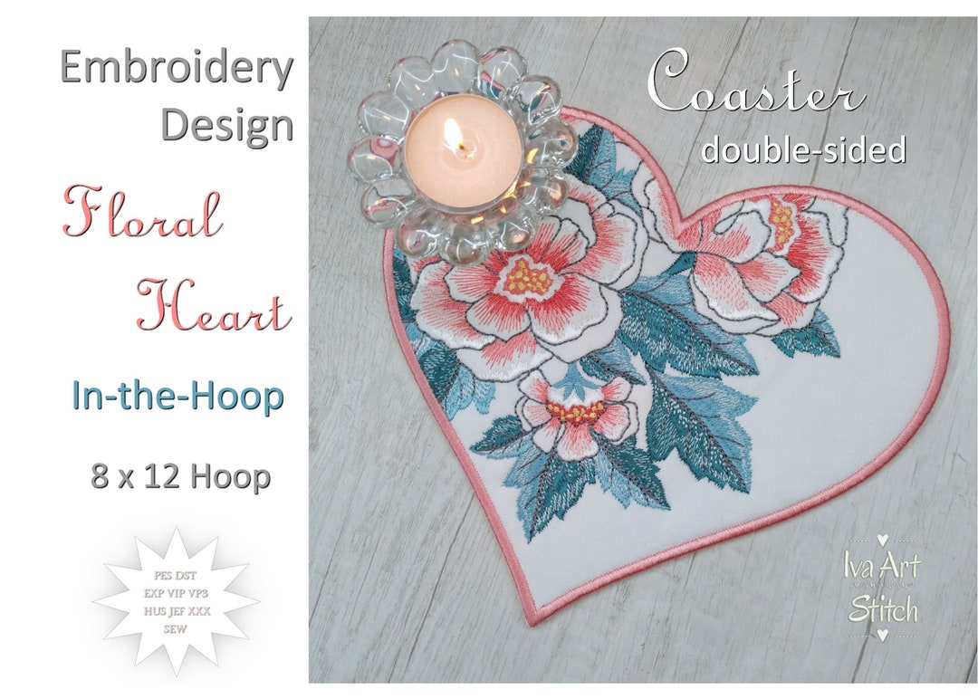 In-the-hoop Embroidery Design Mug Rug Coaster Floral Heart Pattern File ...