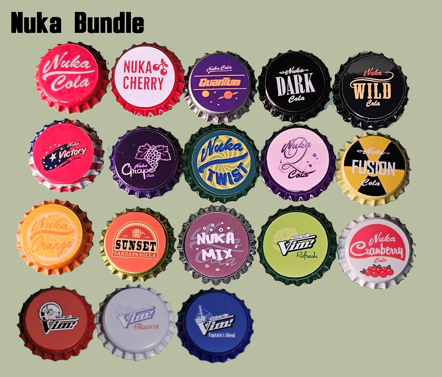 WEATHERED Fallout Nuka Cola Vim Sunset Sarsaparilla Factions Bottle Caps Variety Bundles 1 Inch ...