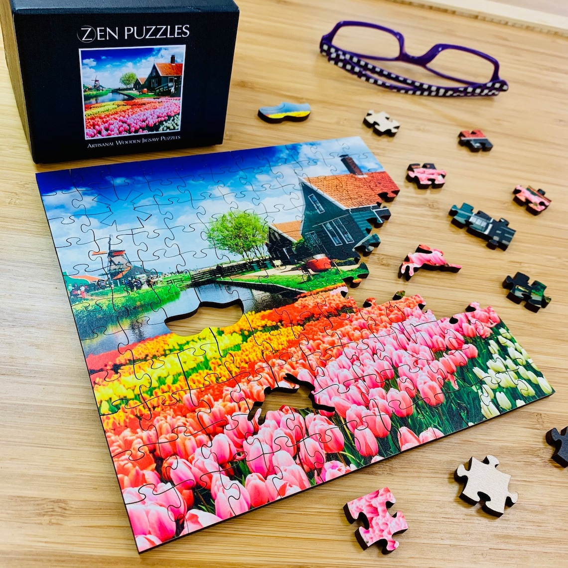 Tulip Festival Zen Puzzle - Hand Crafted Artisanal Wooden Jigsaw Puzzle ...