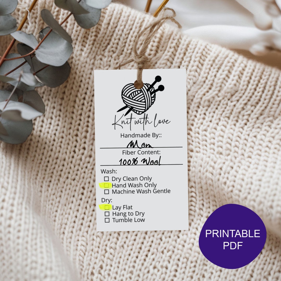 PRINTABLE Knit With Love - Handmade Care Tags, Labels PDF Only ...