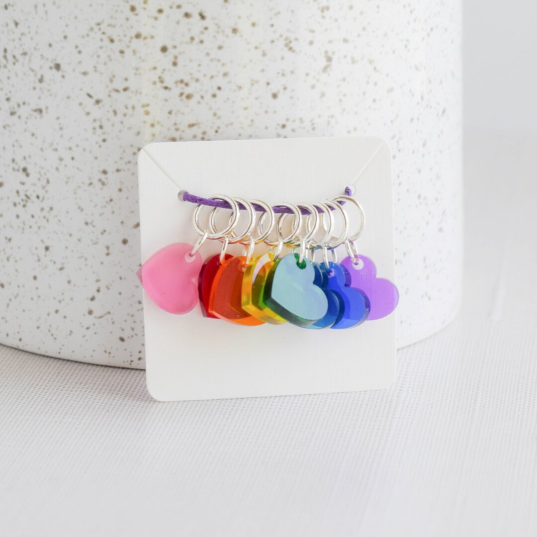 Set of 8 Stitch Markers, Rainbow Hearts, Laser Engraved Acrylic Stitch ...