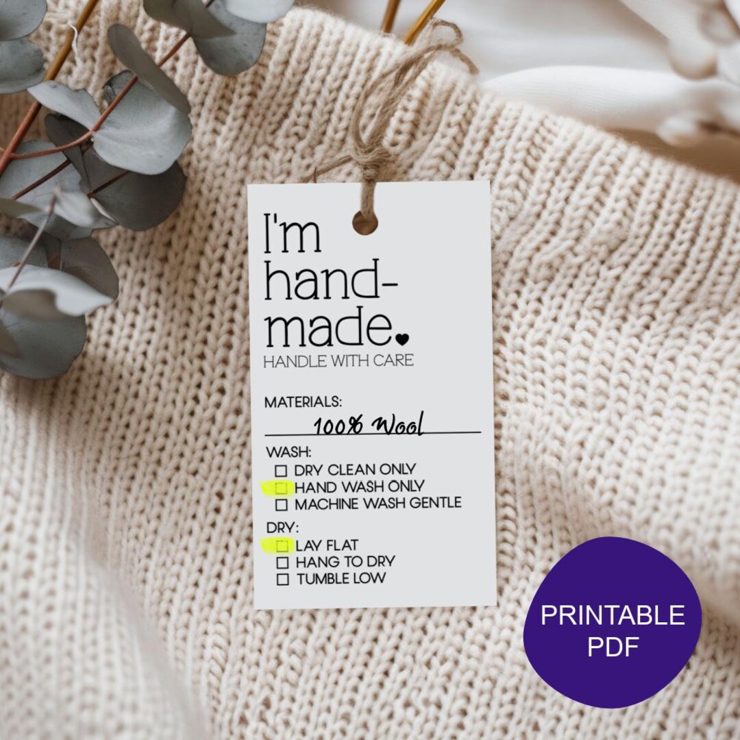 PRINTABLE I'm Handmade - Handmade Care Tags, PDF Only, Knitting Care ...