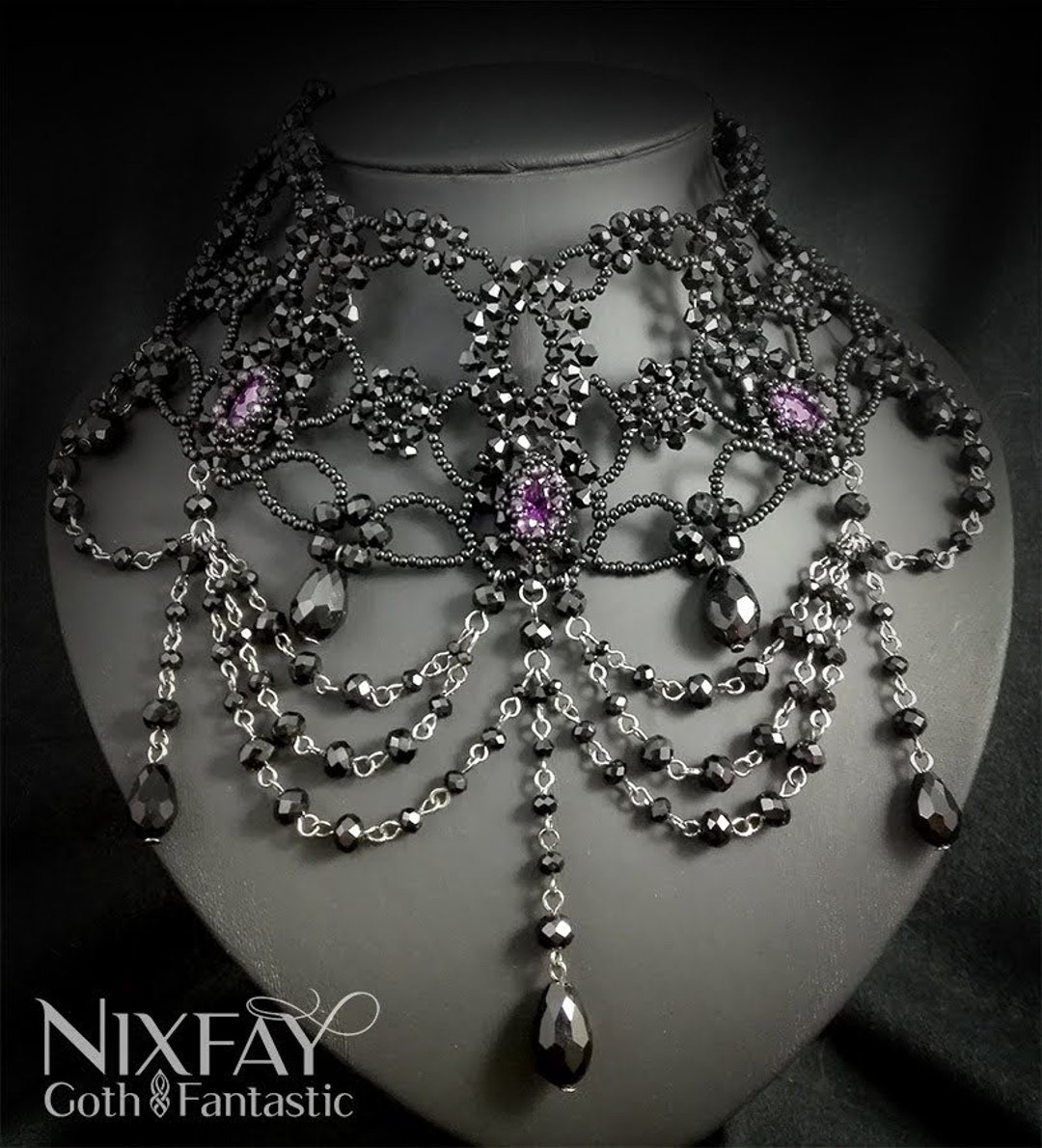 Crystal Beaded Goth Necklace, Statement Choker Necklace, Victorian ...