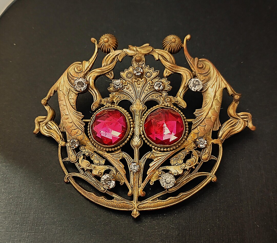 Victorian Sash Brooch Pin Gold & Brass Art Nouveau Edwardian Dragon ...