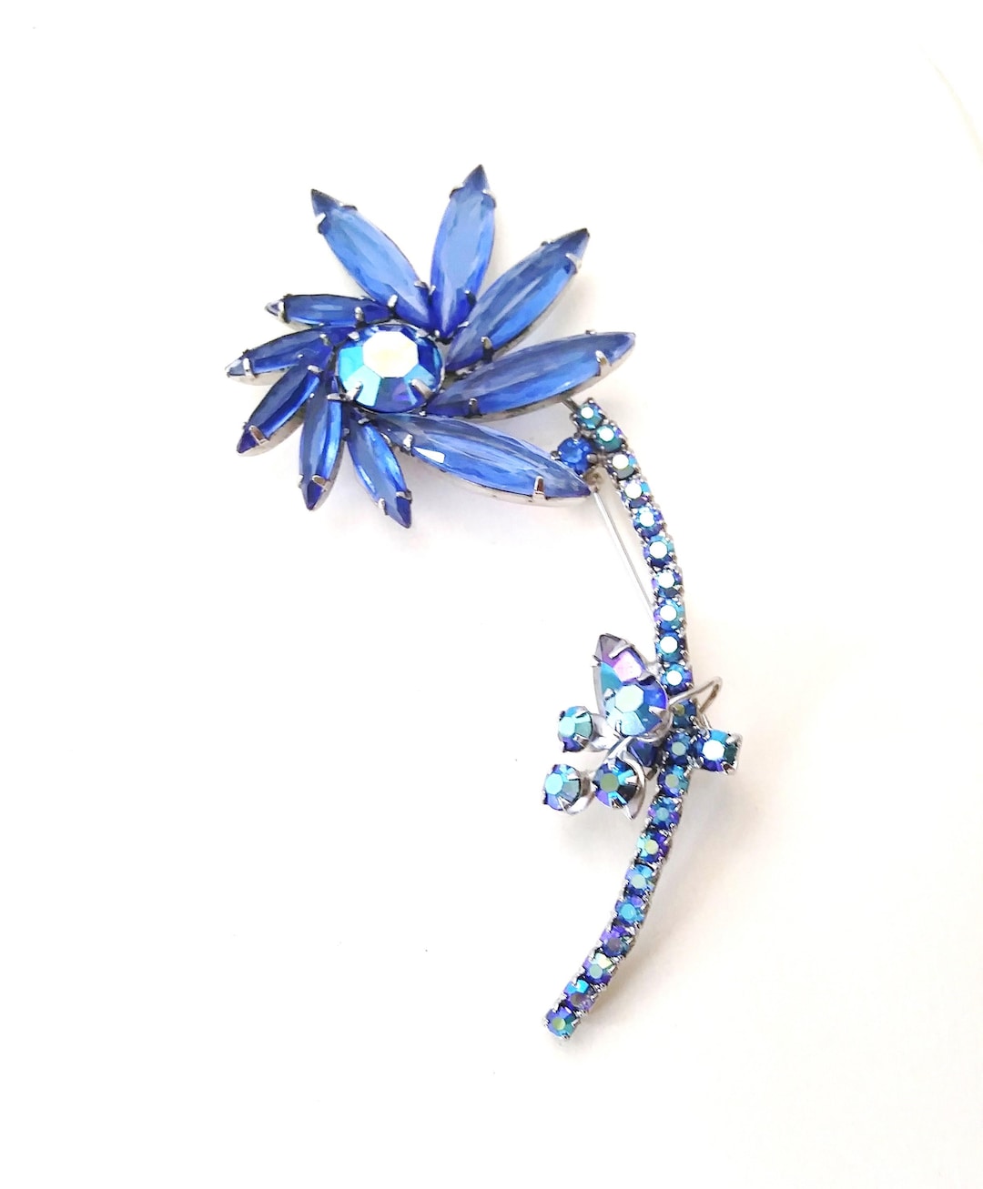 Big Blue Flower Brooch Juliana D&E Style Aurora Borealis Long Stemmed ...