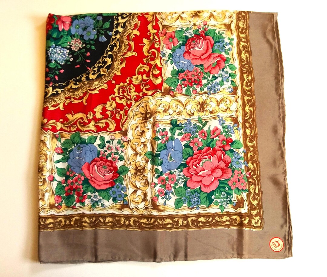 Big Chinese Silk Scarf Floral Square Peach Red Cadet Blue Green Taupe ...