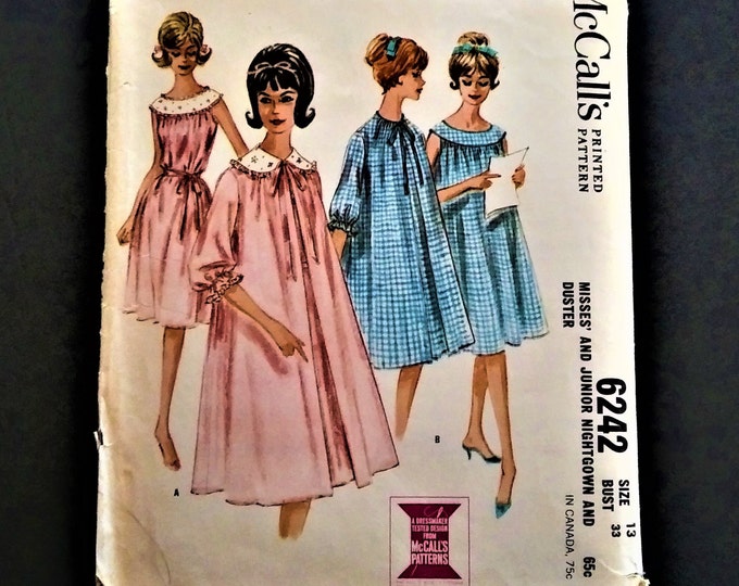 1960s Misses Nightgown Duster Robe Pattern Mccalls 6242 Bust 33 Yoked ...