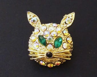 Vintage Brooch / Pin: Rhinestone Cat Face / Head, Clear, Black, Pink ...
