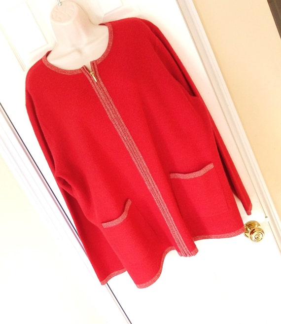 Long Bright Red Boiled Wool Zipper Jacket 20 22W Gold… - Gem
