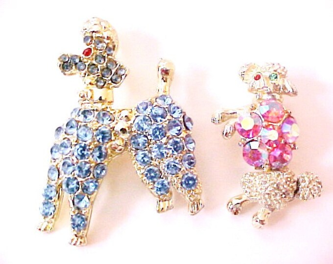 2 Vintage Rhinestone Poodle Dog Pins Pink Blue Aurora Borealis - Etsy
