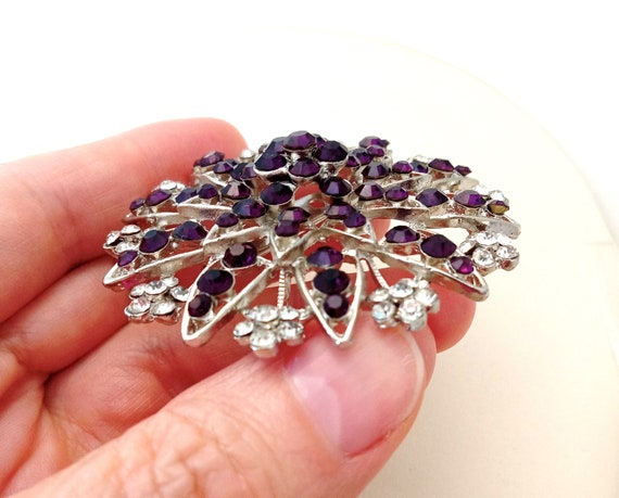 BIG 2.25" Vintage Purple & Clear Rhinestone Brooch fl… - Gem
